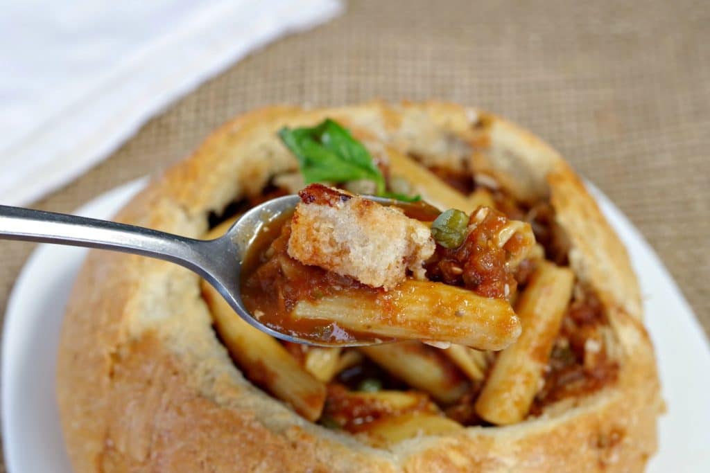 Panzanella Pasta Soup | in bread bowl- Food Meanderings